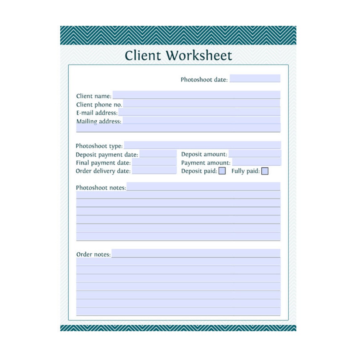Client Worksheet Photography Business Organizing Chevron Fillable ...