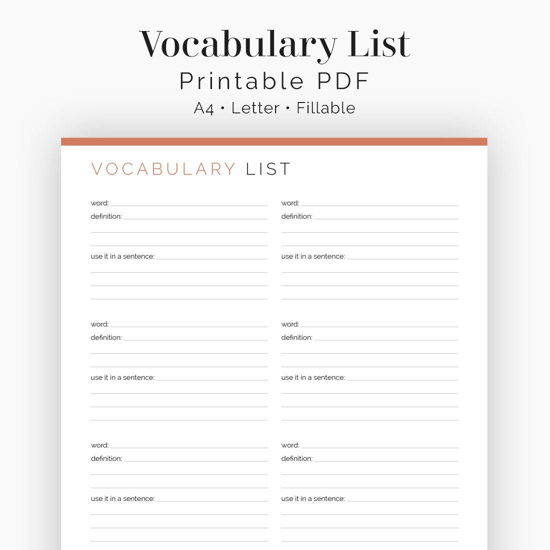 Vocabulary List - 2 Layouts - Fillable - Printable PDF - Self-education ...
