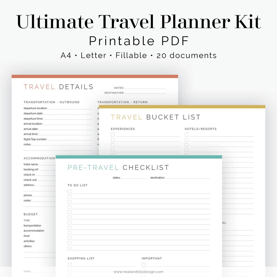 Travel Planner Kit (20 Documents) - Fillable - Printable PDF - Travel ...