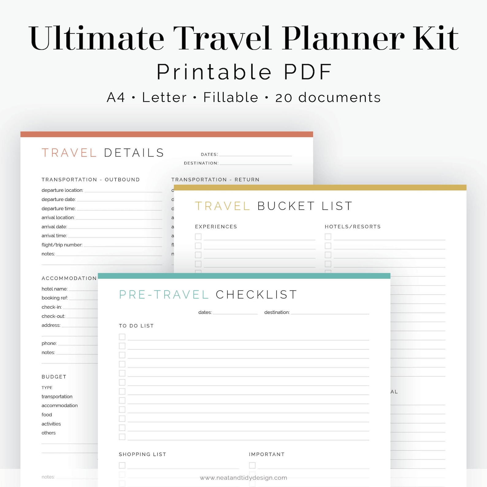 Travel Planner Kit (20 Documents) - Fillable - Printable PDF - Travel ...