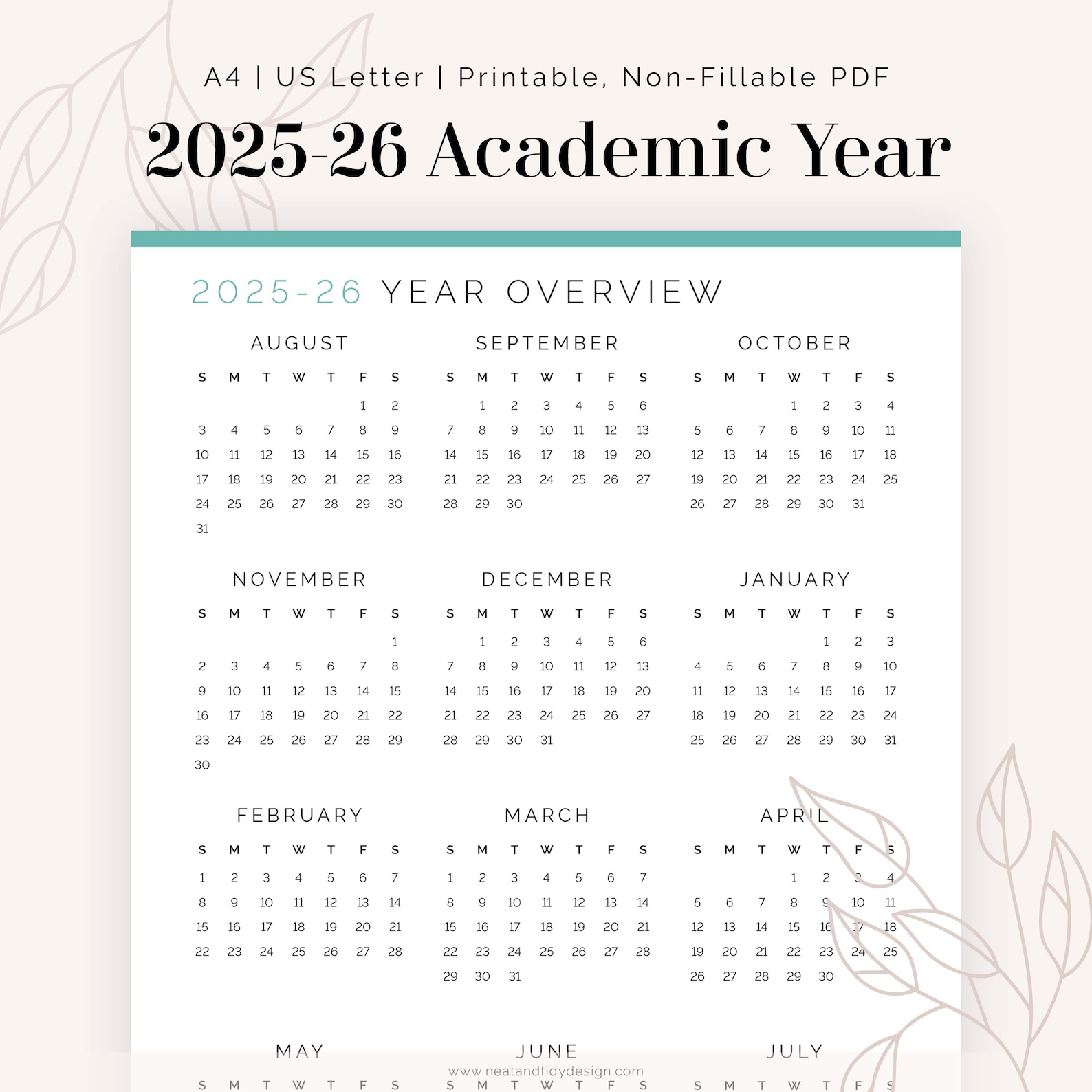2025-26 Academic Year Overview Printable PDF | Time Management, School ...