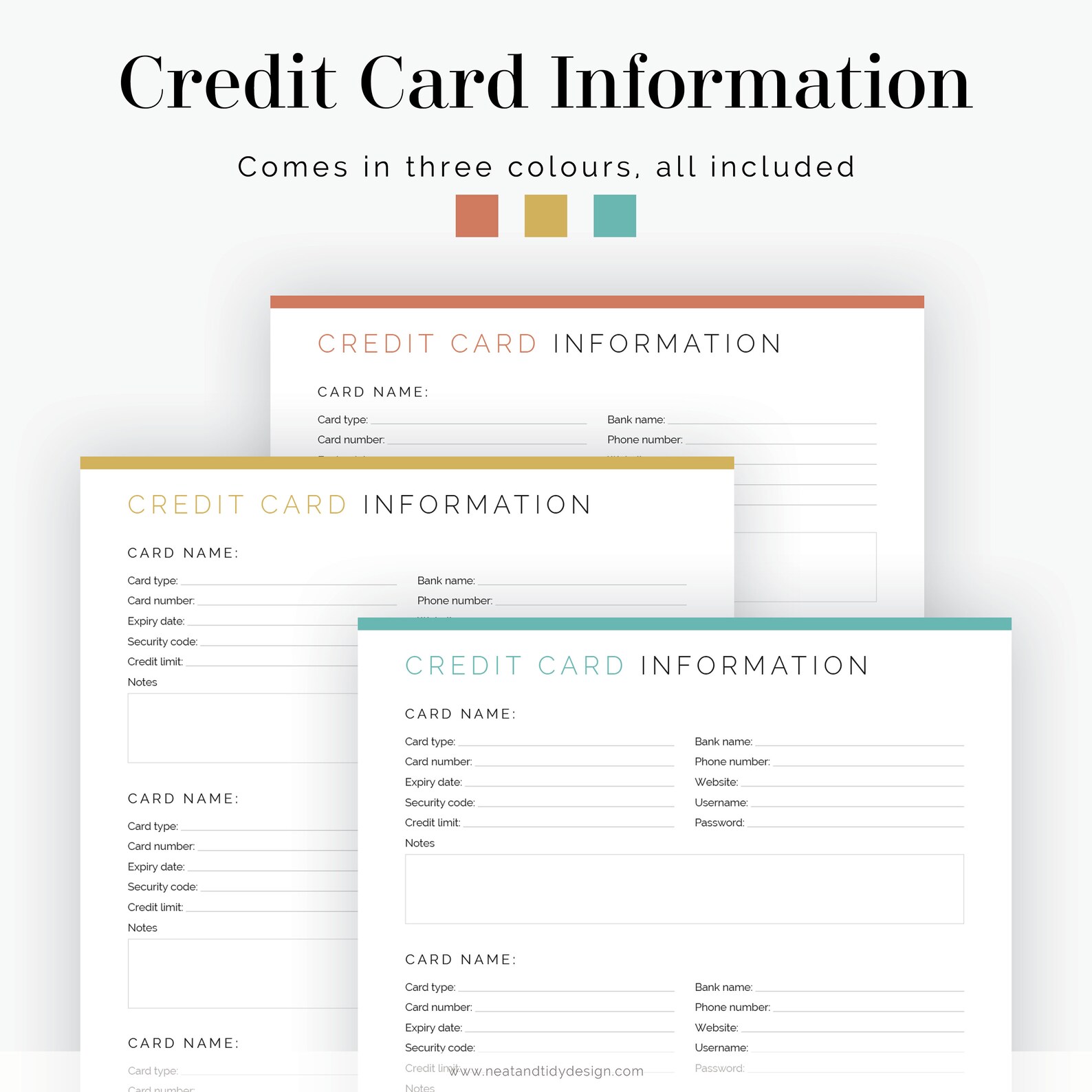 Credit Card Information - Fillable - Printable PDF - Finance Planner ...