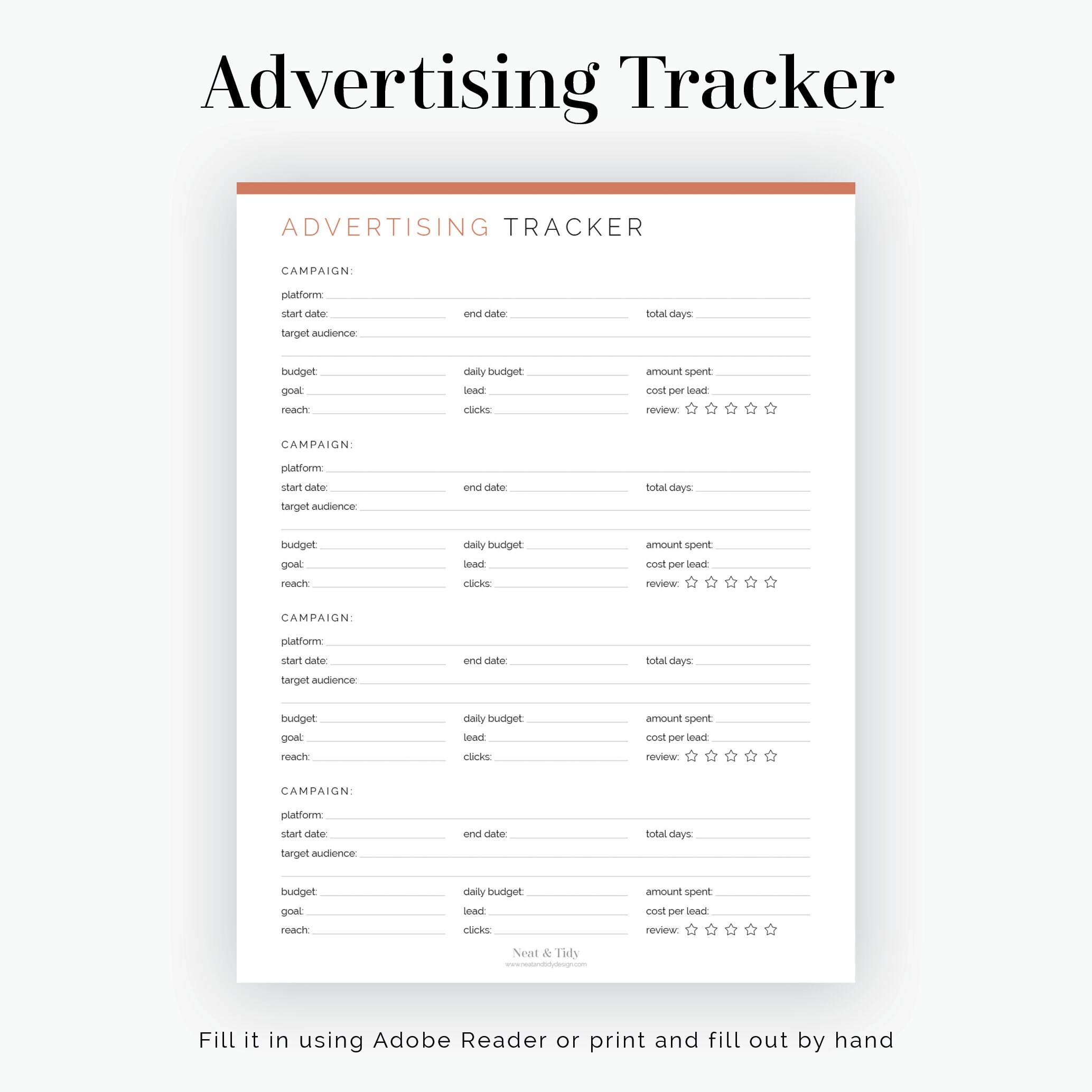 Advertising Tracker - Fillable - Printable PDF - Business Planner, Blog ...