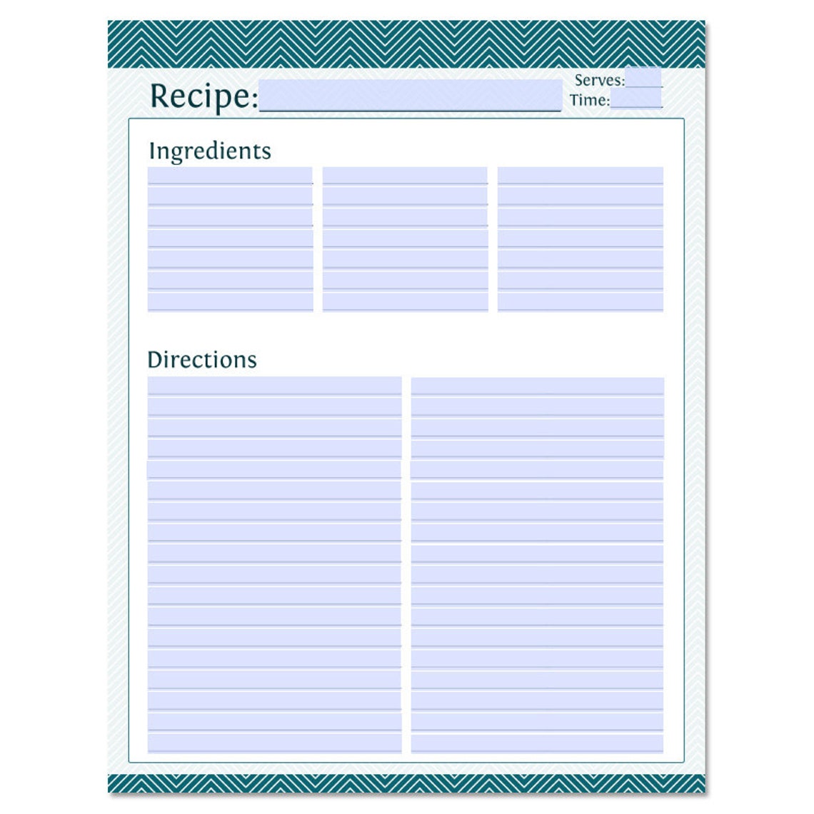 Recipe Card, Full Page - Fillable - Printable PDF - Teal Chevron Recipe ...