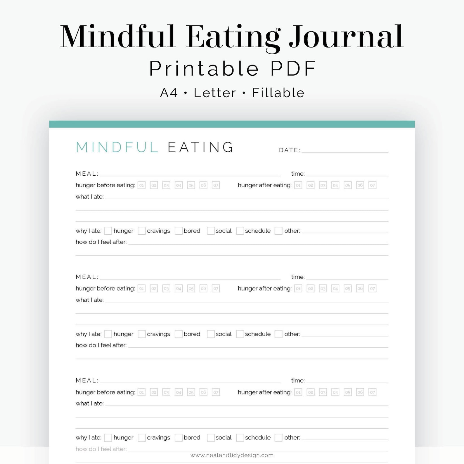 Mindful Eating Journal - Fillable - Printable PDF - Daily Food Journal ...
