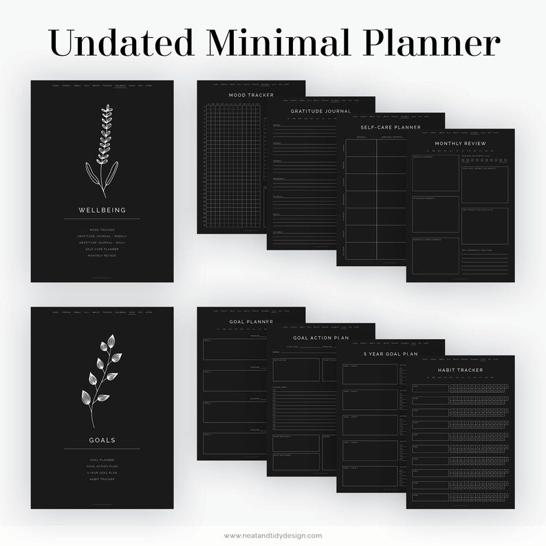 Undated Minimalist Digital Tabbed Planner for Goodnotes dark ...
