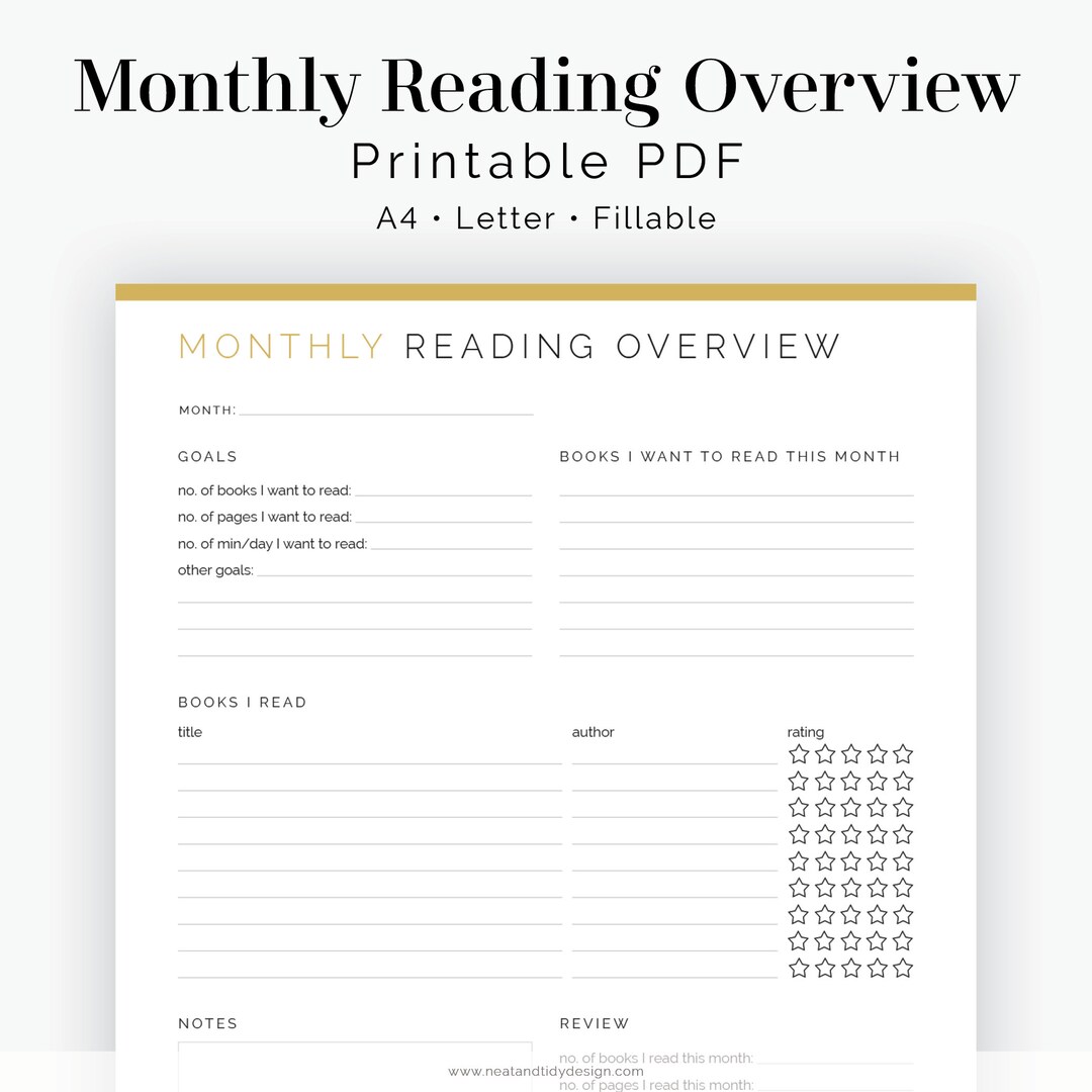 Monthly Reading Overview - Fillable - Printable PDF - Readers Kit, Book ...