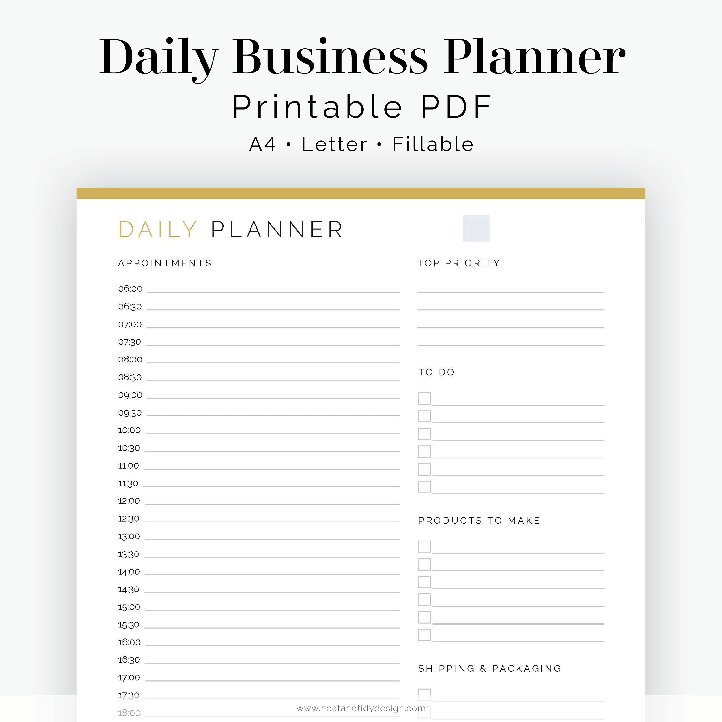 Daily Business Planner - Fillable - Printable PDF - Time Tracker, Daily ...