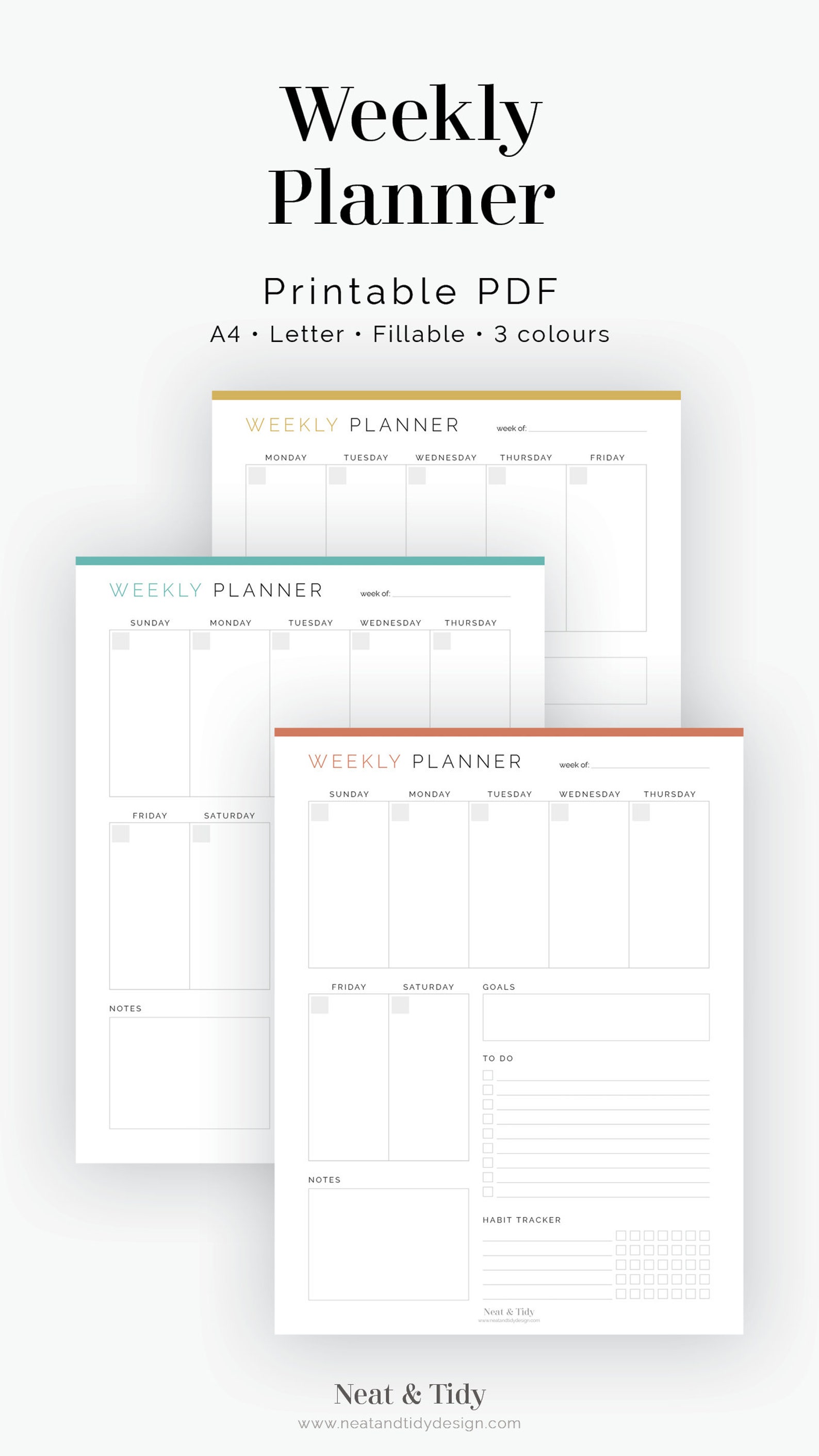 Weekly Planner V2 - Fillable - Printable PDF - Monday or Sunday Start ...