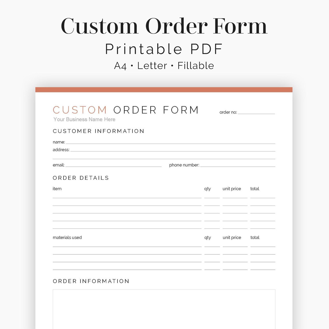 Custom Order Form Fillable Business Planner Printable Organizational ...