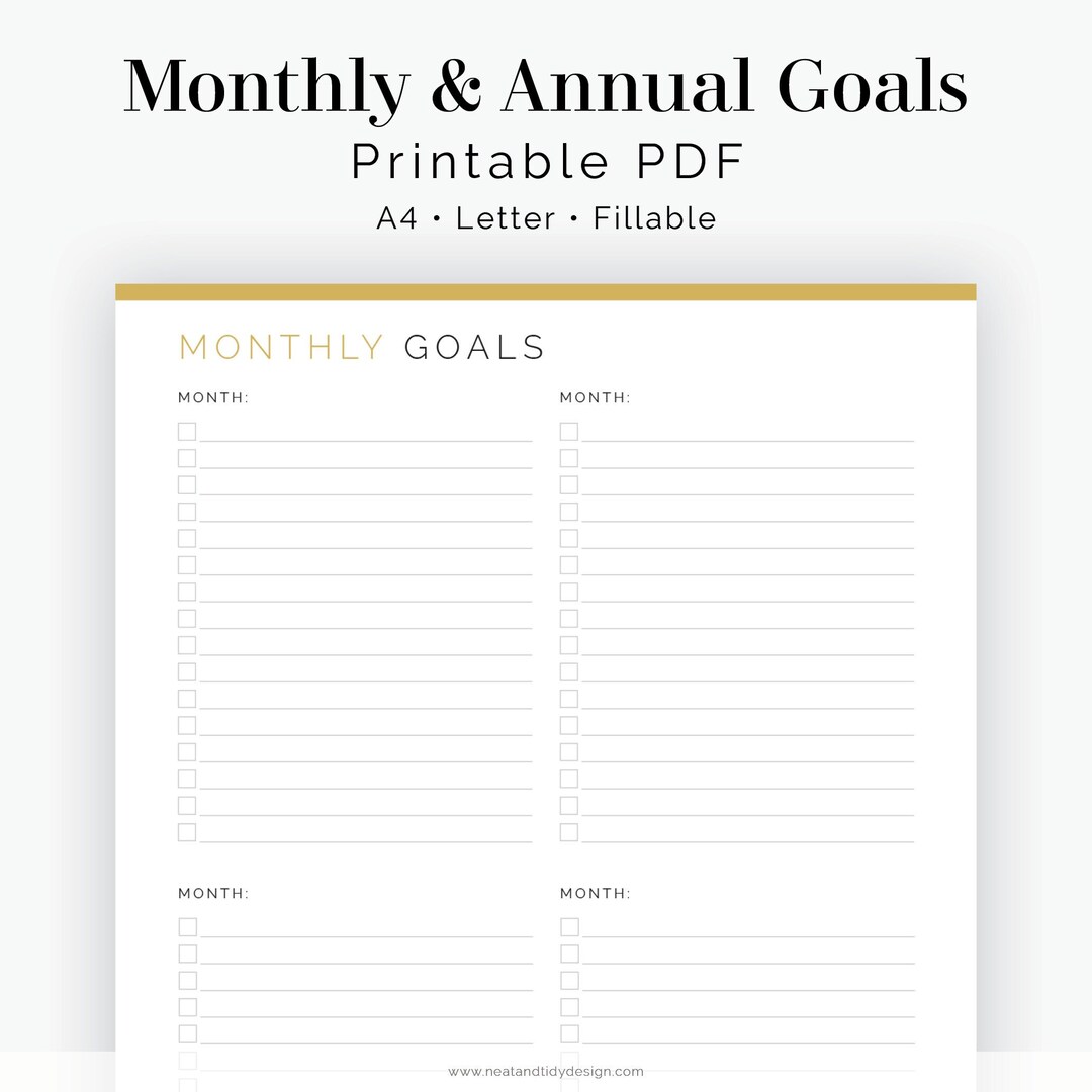 Monthly & Annual Goals Checklists - 2 Layouts - Fillable - Printable ...