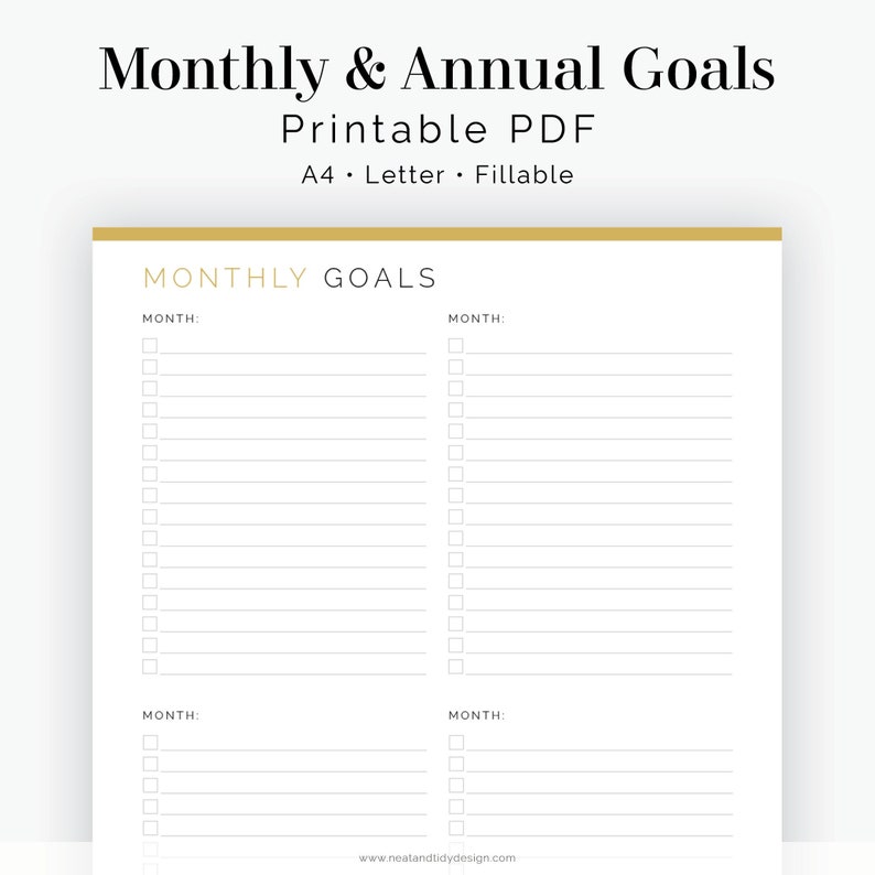 Monthly & Annual Goals Checklists - 2 Layouts - Fillable - Printable ...