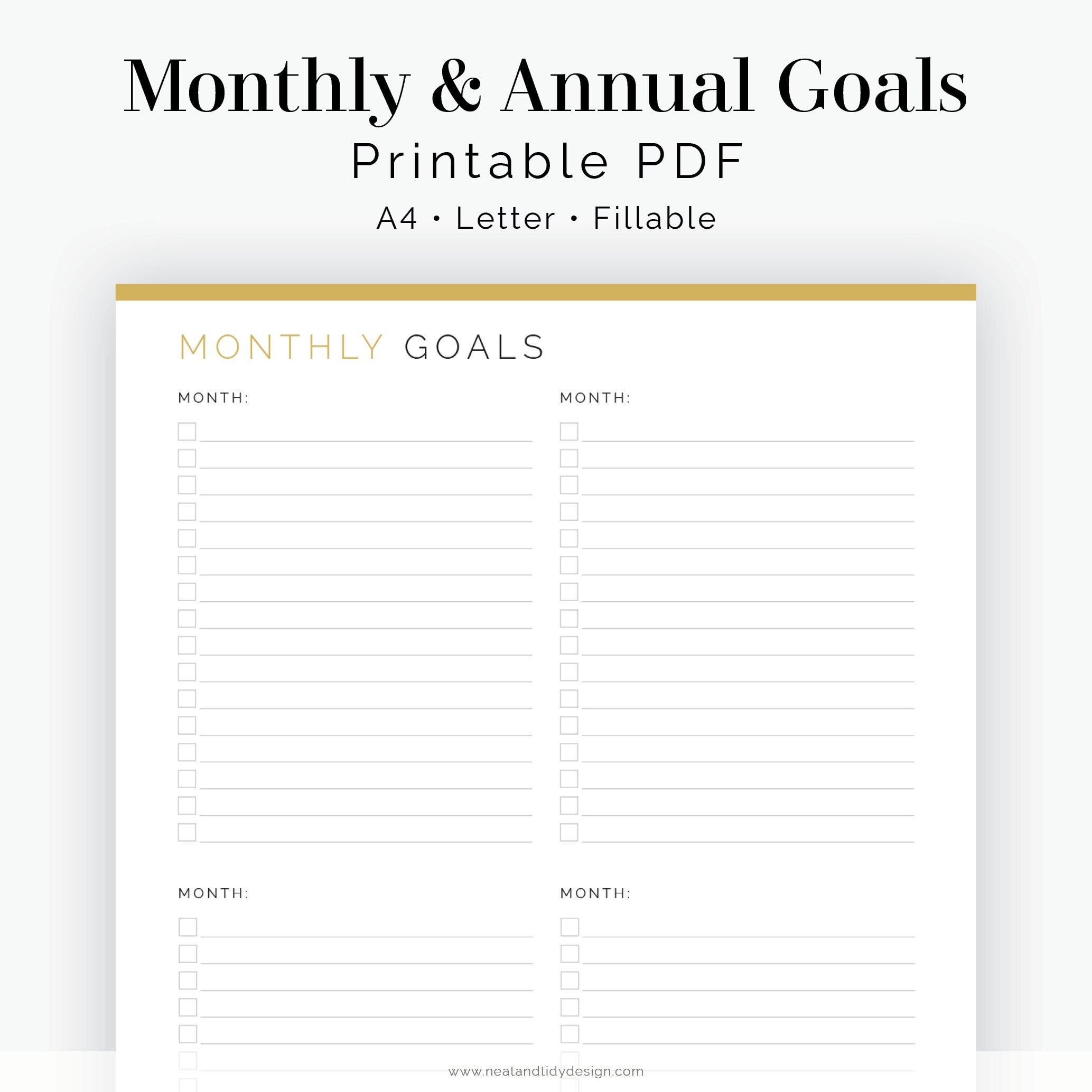 Monthly & Annual Goals Checklists - 2 Layouts - Fillable - Printable ...