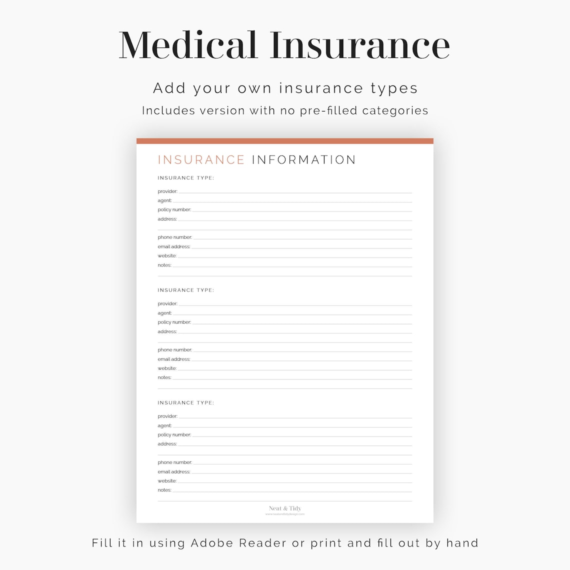 Medical Insurance Information Fillable Health & Medical | Etsy