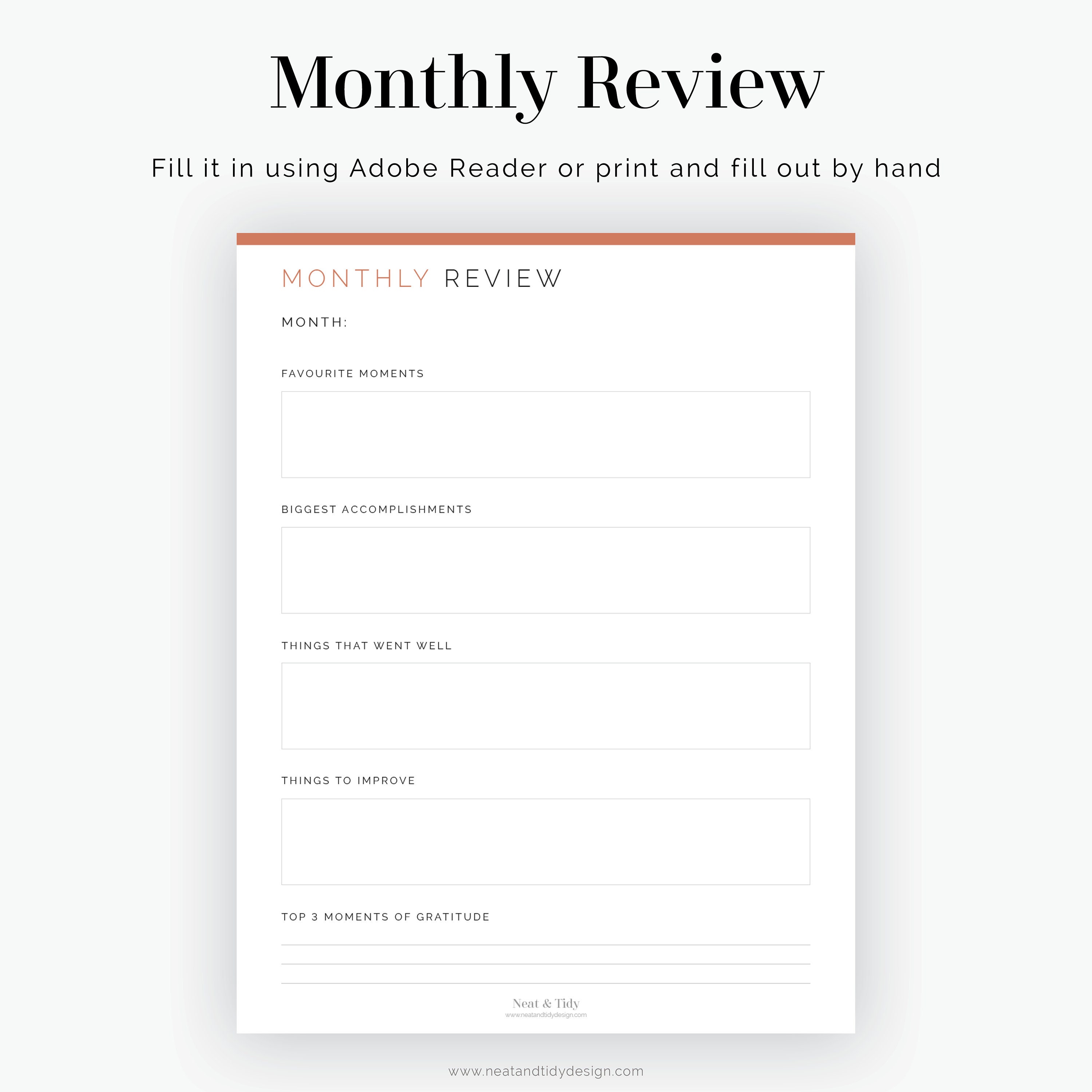 Revisión mensual, Rellenable, PDF imprimible, Resolución de año nuevo ...