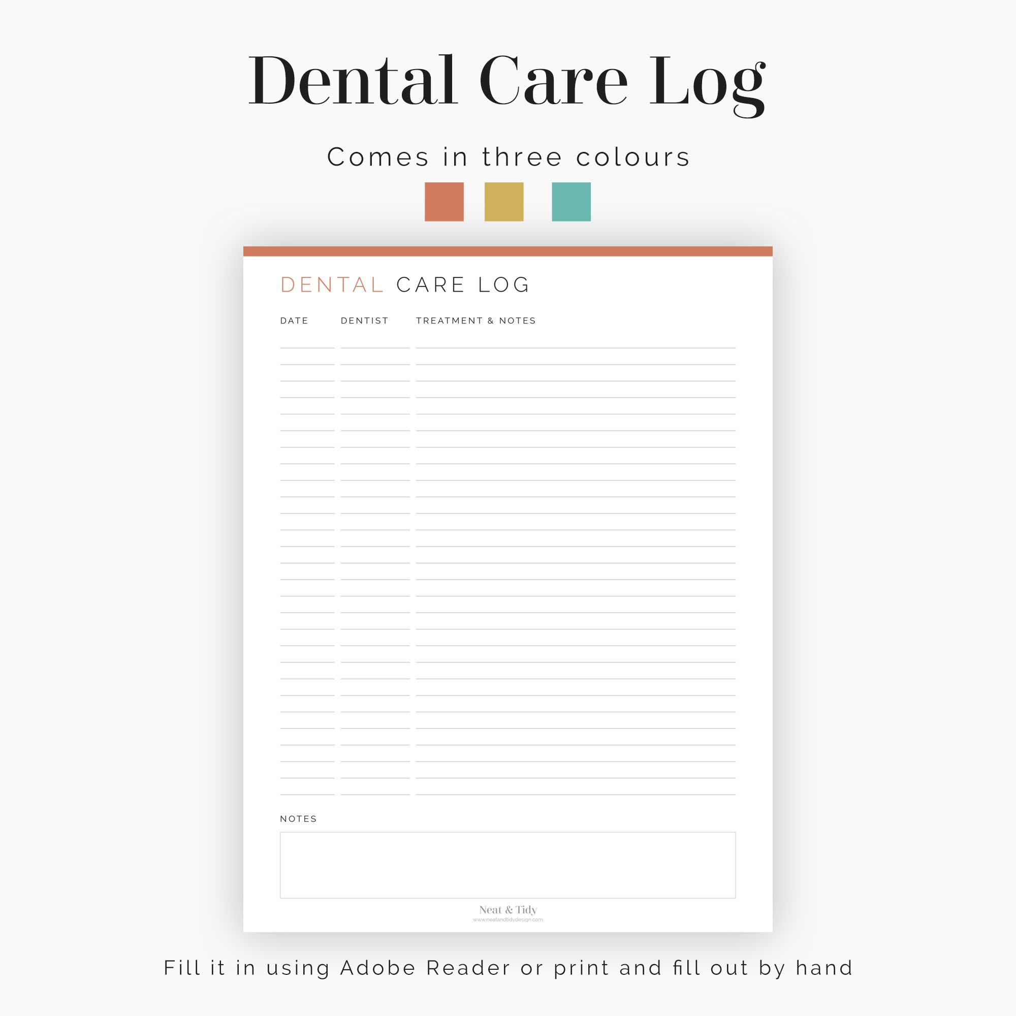 Dental Care Log - Fillable - Health & Medical Log, Dental Healthcare ...
