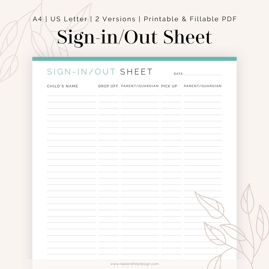 Childcare Sign in Sheet, Daycare Check-in Nursery Drop off | Printable ...