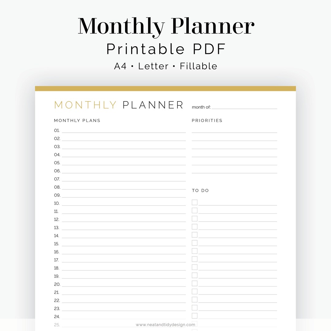 Monthly Planner - Fillable - Printable PDF - Time Management ...