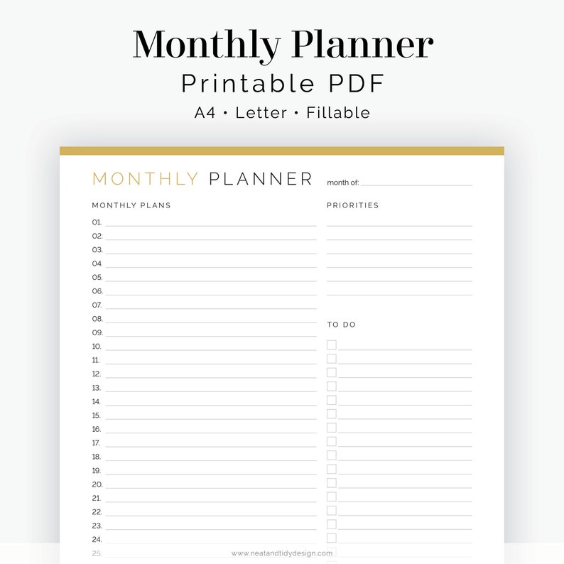 Monthly Planner - Fillable - Printable PDF - Time Management ...