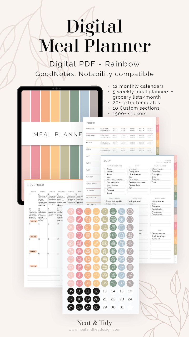 Digital Meal Planner for Goodnotes & Notability, Rainbow | Monthly ...