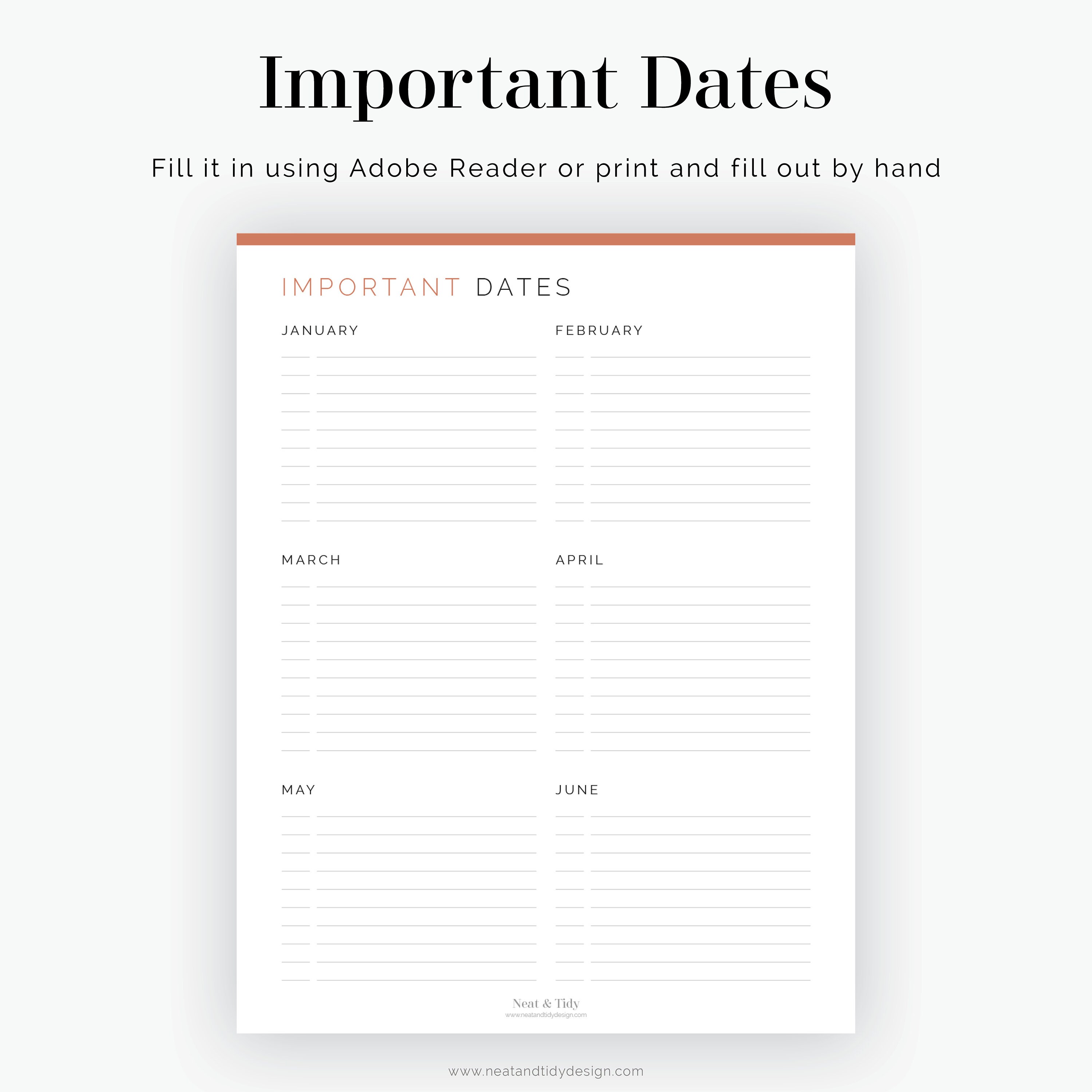 Important Dates - Fillable - Event Tracker, Birthday Tracker ...