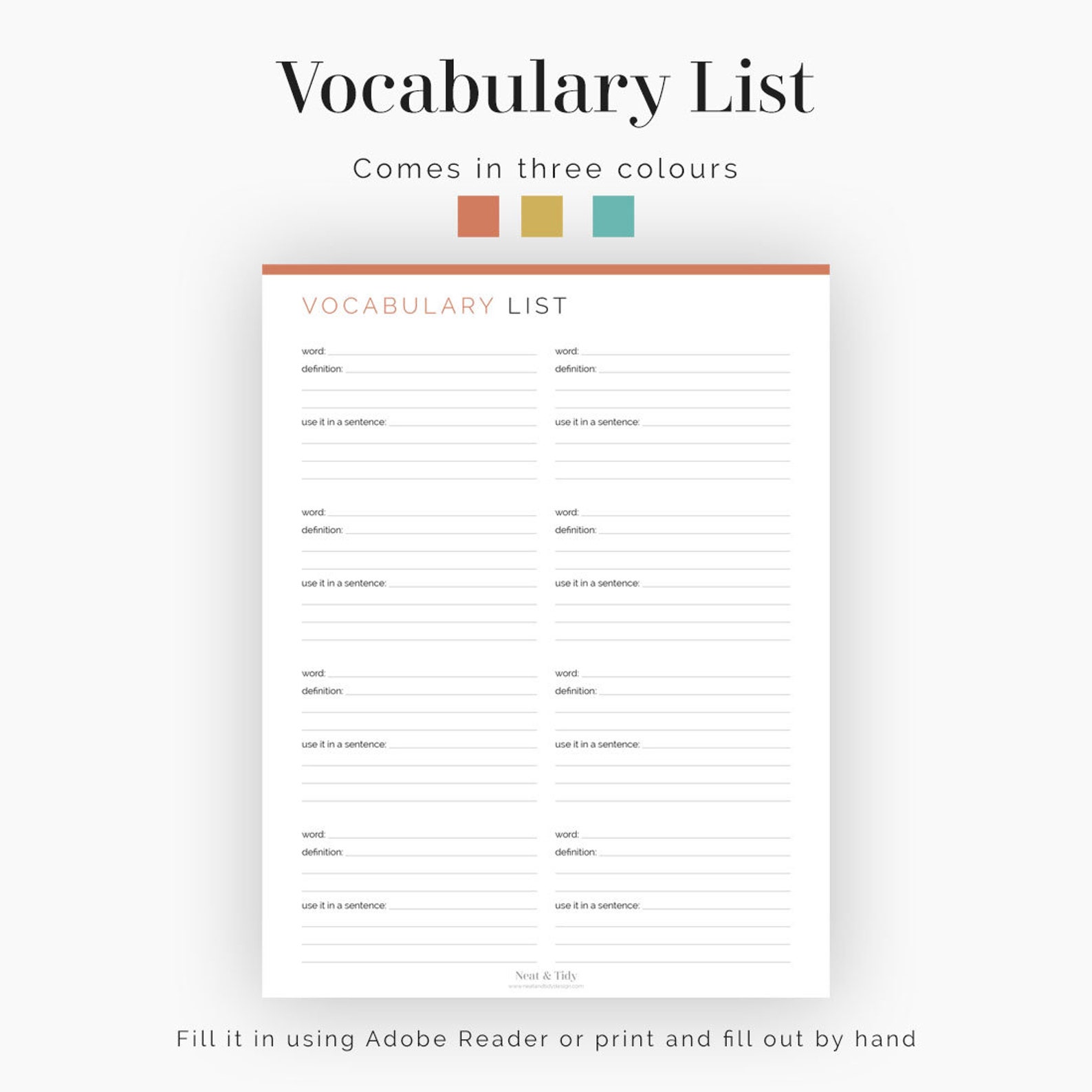 Vocabulary List - 2 Layouts - Fillable - Printable PDF - Self-education ...