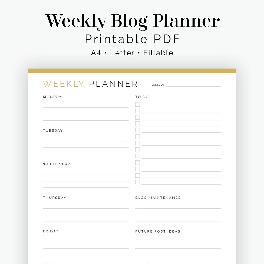 Weekly Blog Planner - Fillable - Printable PDF - Business Planner ...