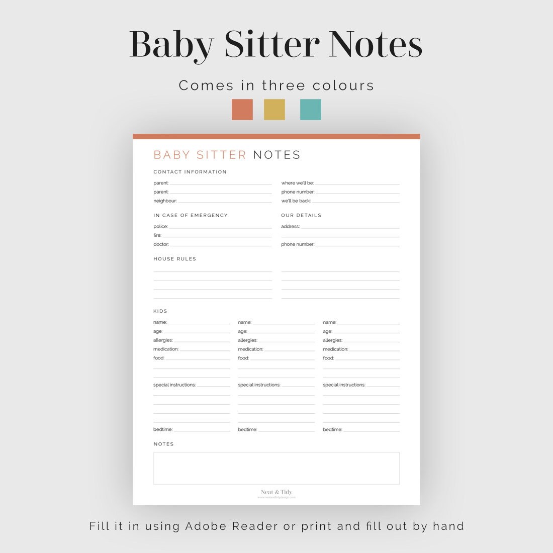 Baby Sitter Notes Fillable Printable PDF Household - Etsy