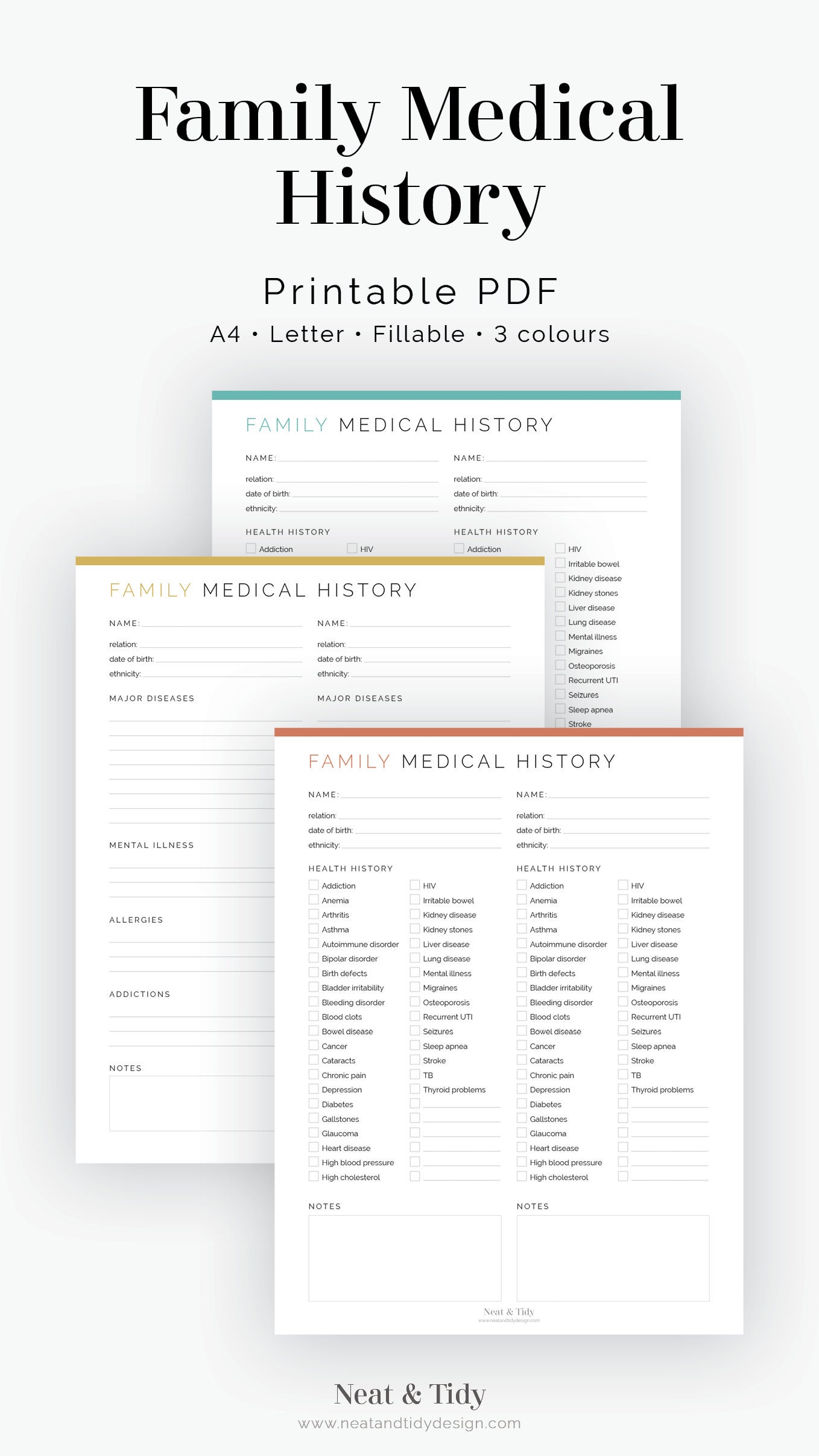 Family Medical History - 2 Layouts - Health & Medical Log, Healthcare ...