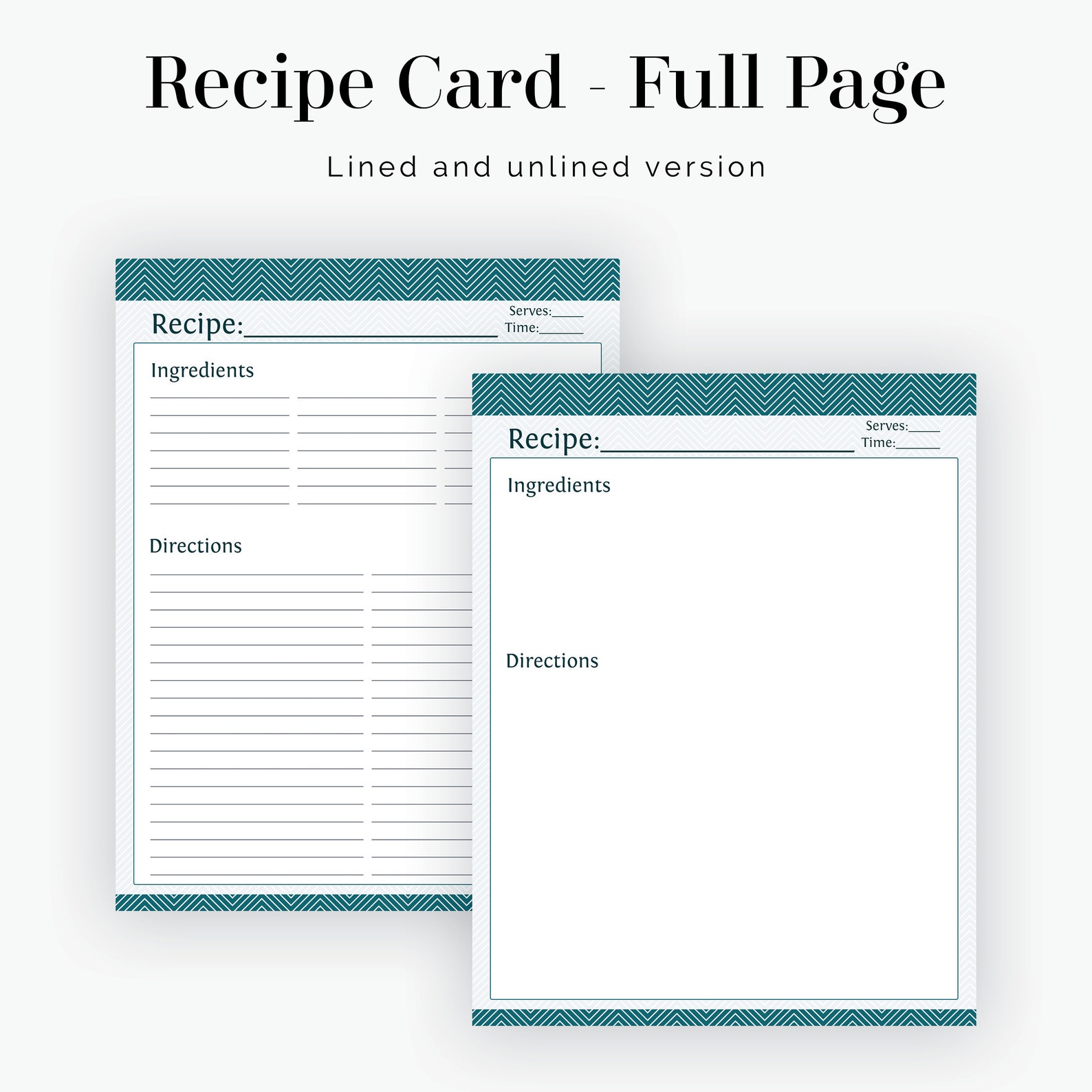 Recipe Card, Full Page - Fillable - Printable PDF - Teal Chevron Recipe ...
