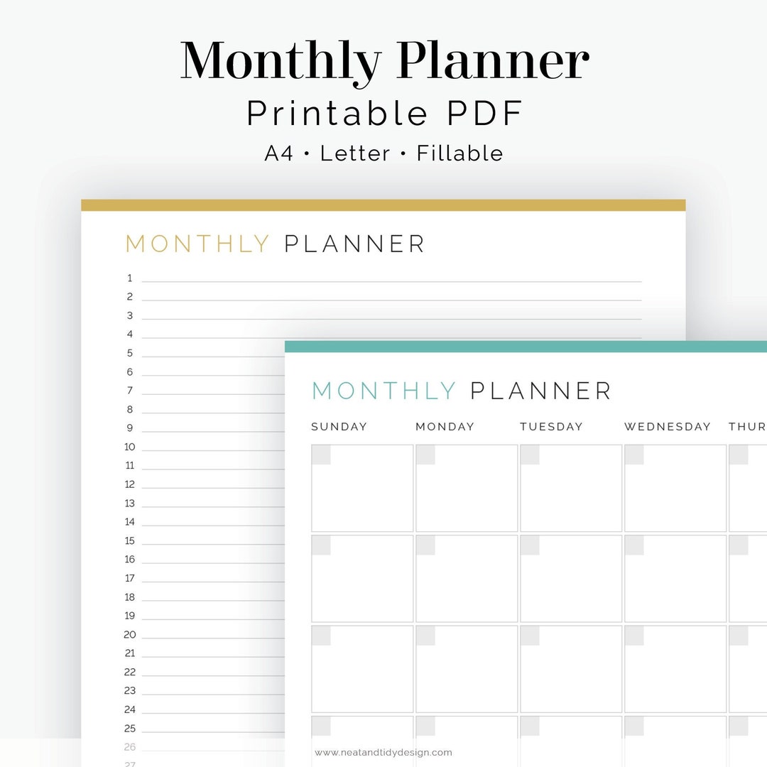 Monthly Planner, Calendar & List View - Fillable - Time Management ...