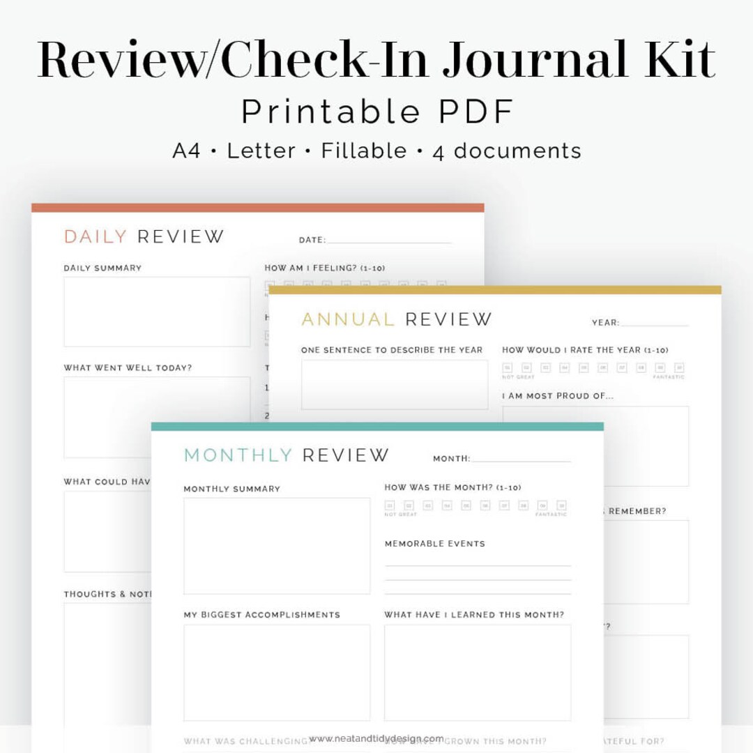 Review/check-in Journal Pages Kit (4 Documents) - Fillable - Printable ...