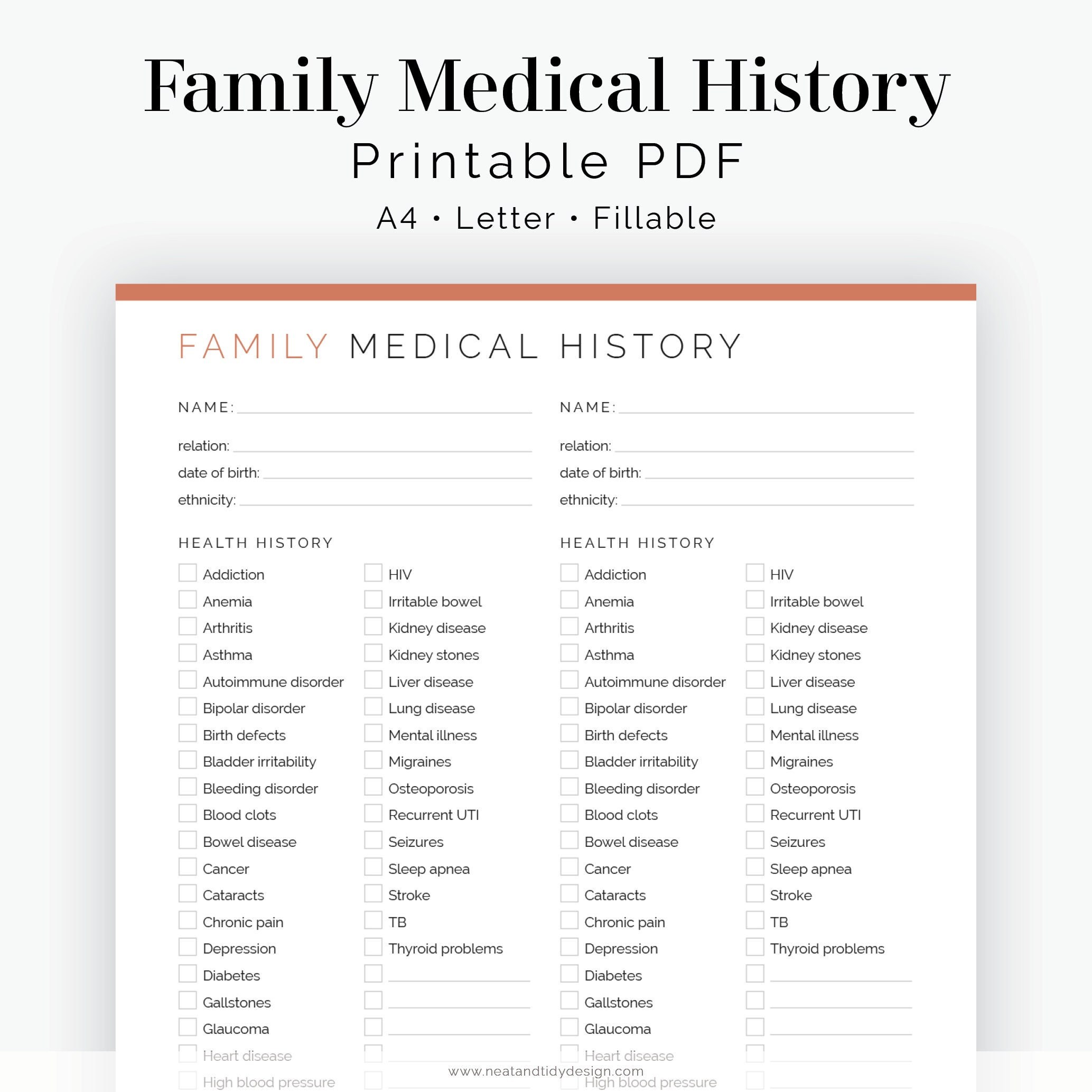 Family Medical History - 2 Layouts - Health & Medical Log, Healthcare ...