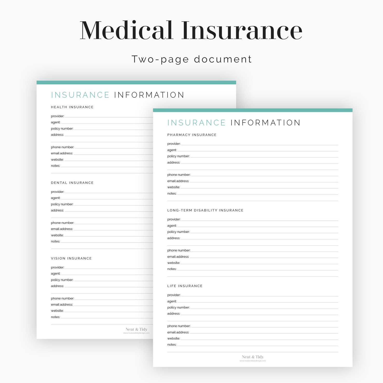 Medical Insurance Information Fillable Health & Medical | Etsy