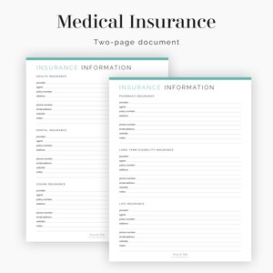 Medical Insurance Information - Fillable - Health & Medical Log ...