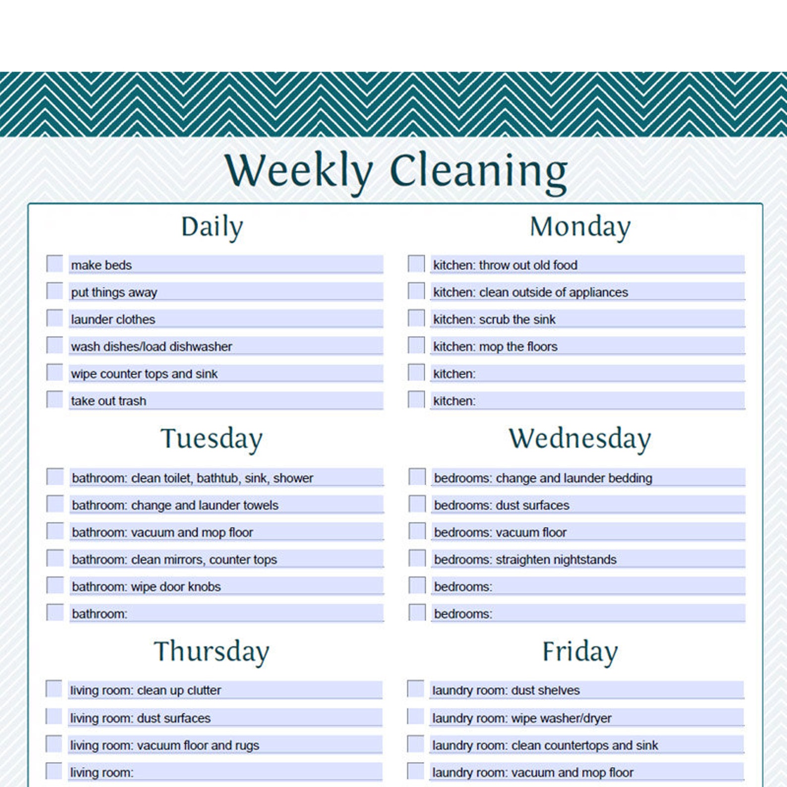 Weekly Cleaning Checklist - Fillable - Prefilled and Empty Version ...