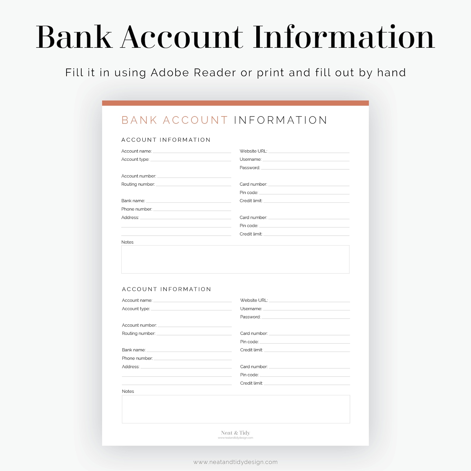 Bank Account Information - Fillable - Printable PDF - Finance Planner ...