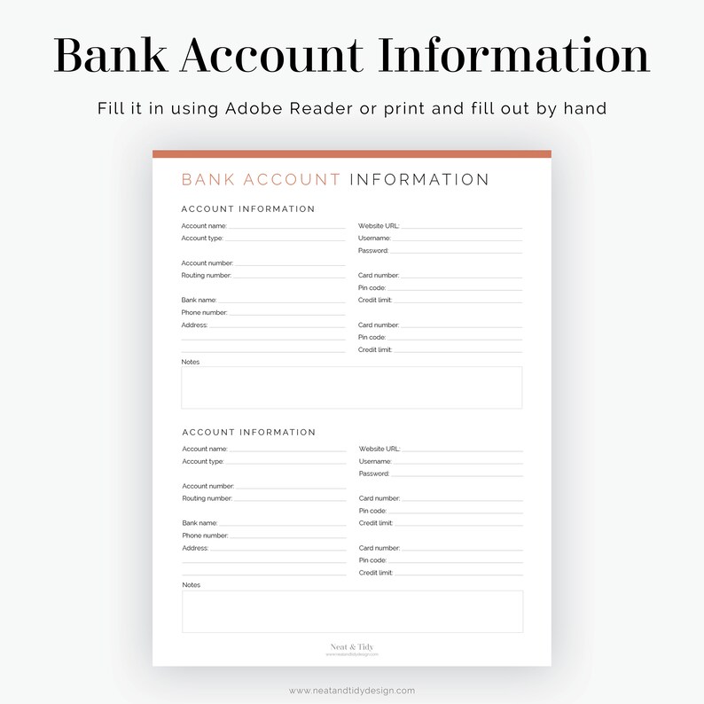 Bank Account Information - Fillable - Printable PDF - Finance Planner ...