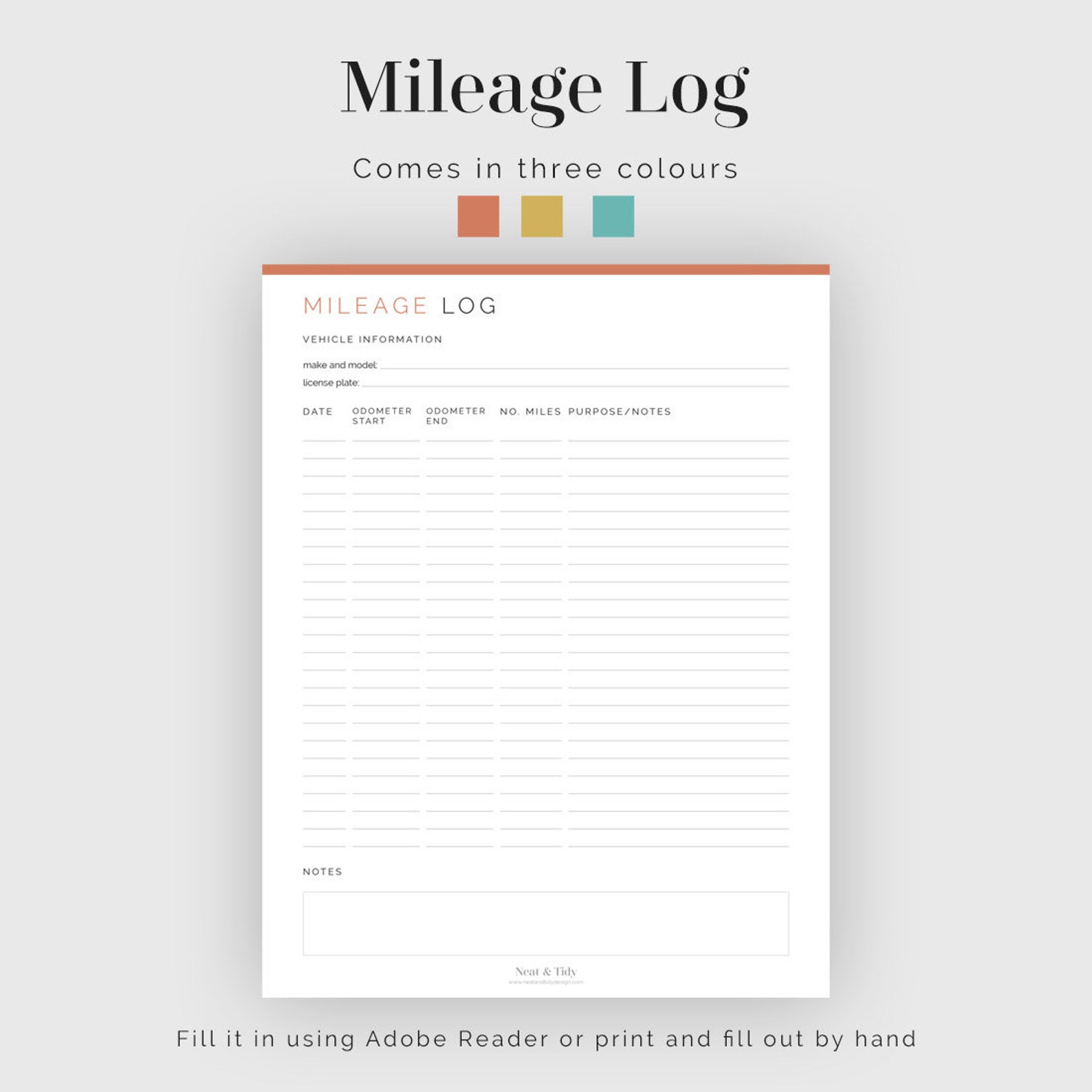 Mileage Log - Fillable - Printable PDF - Household Management - Auto ...