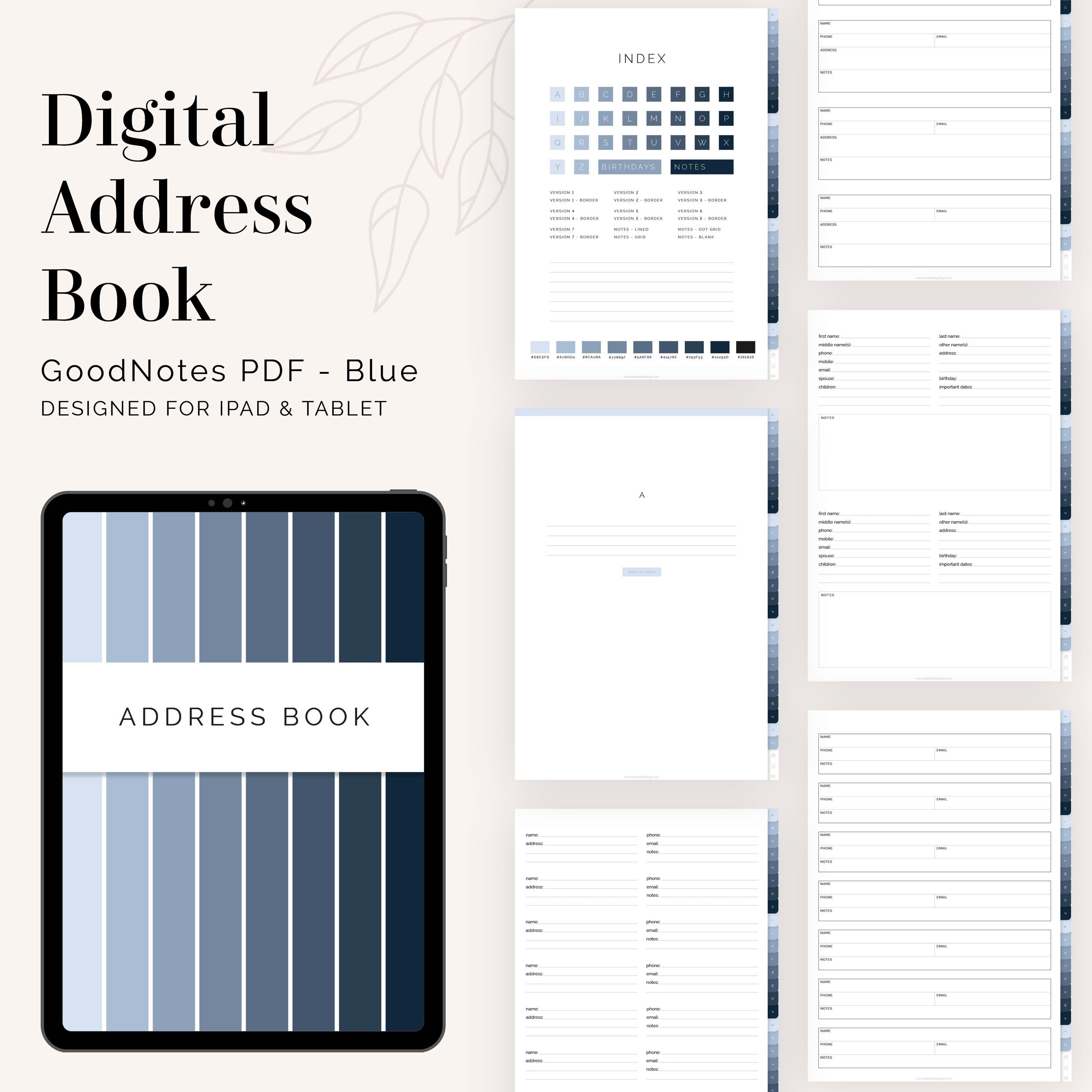Digital Address Book for Goodnotes & Notability (blue) - Hyperlinked ...