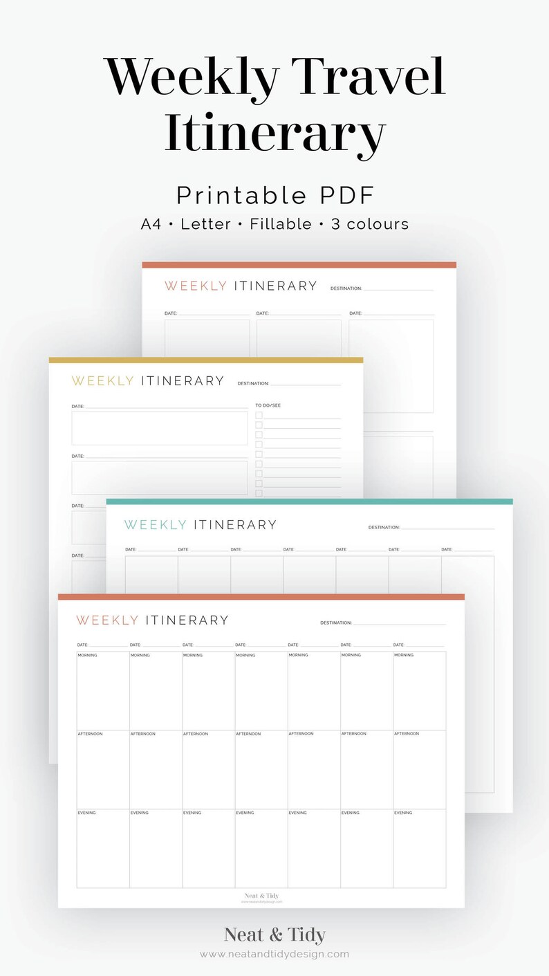 Weekly Travel Itinerary Planner - Fillable - Travel Planner, Vacation ...