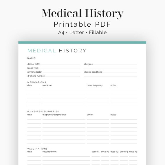 Medical History Health & Medical Log Healthcare Planner - Etsy