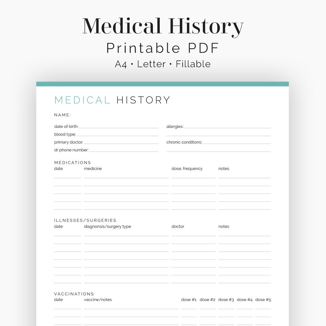 Medical History Health & Medical Log Healthcare Planner - Etsy