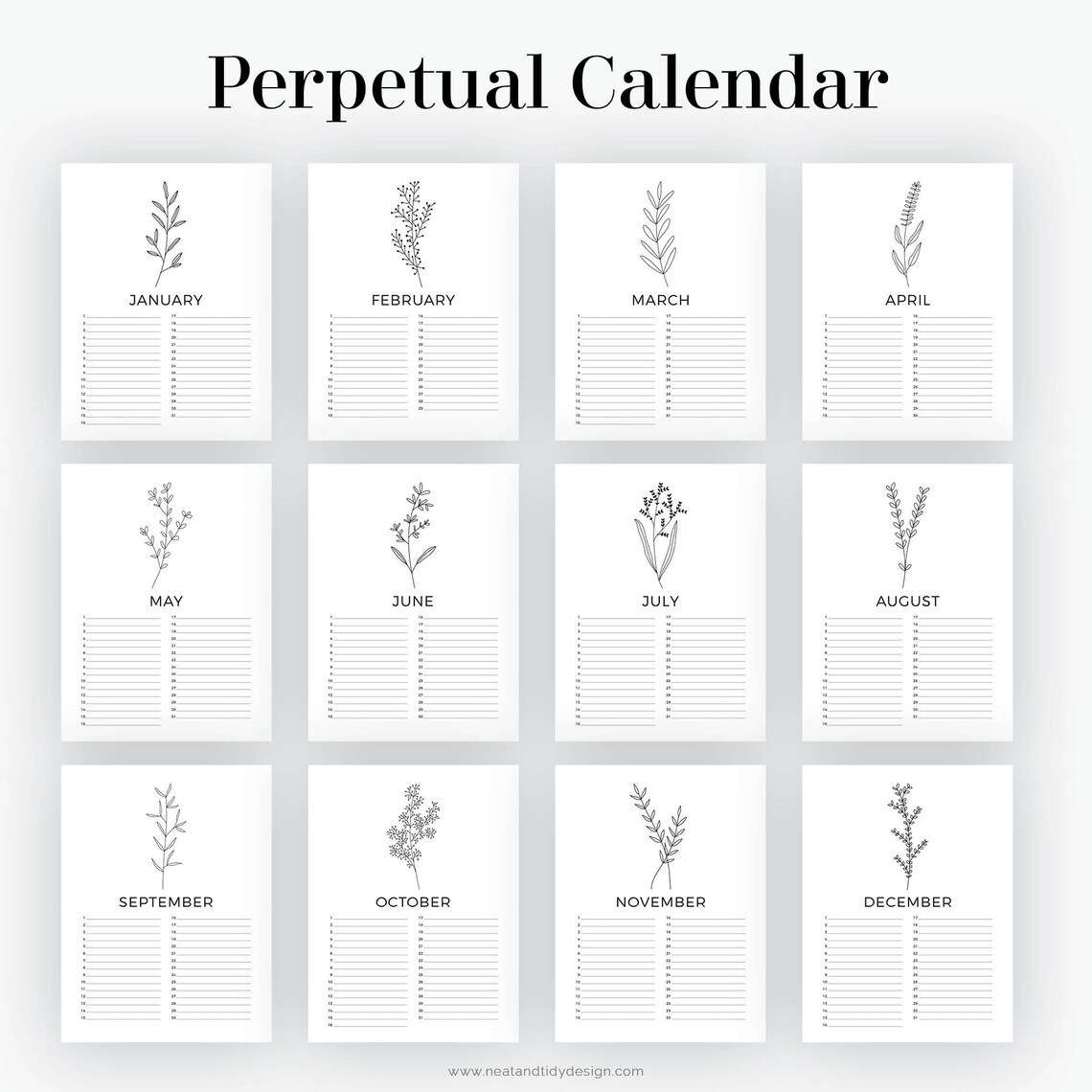Printable Perpetual Wall Calendar (floral Illustration) - Printable PDF ...