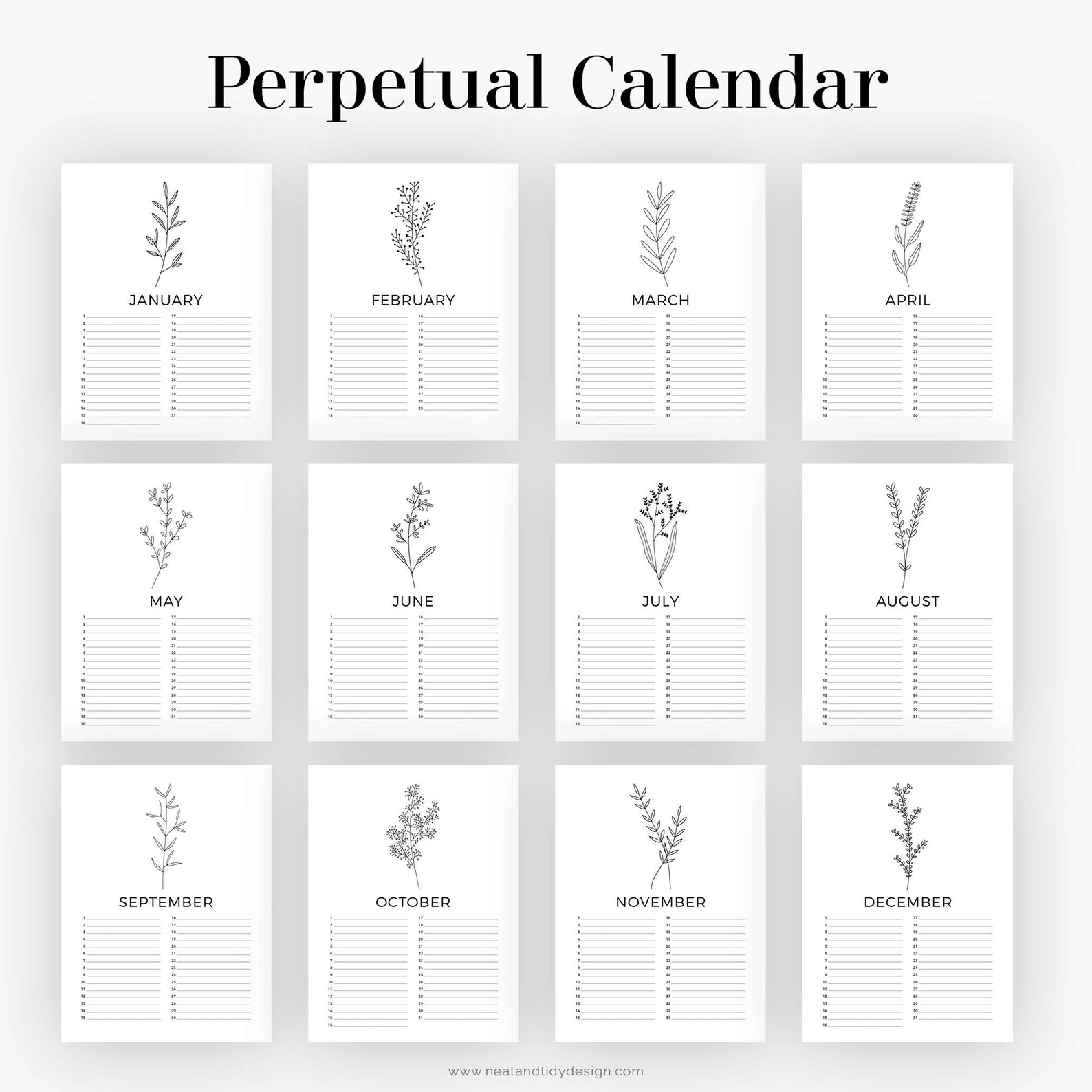 Printable Perpetual Wall Calendar (floral Illustration) - Printable PDF ...
