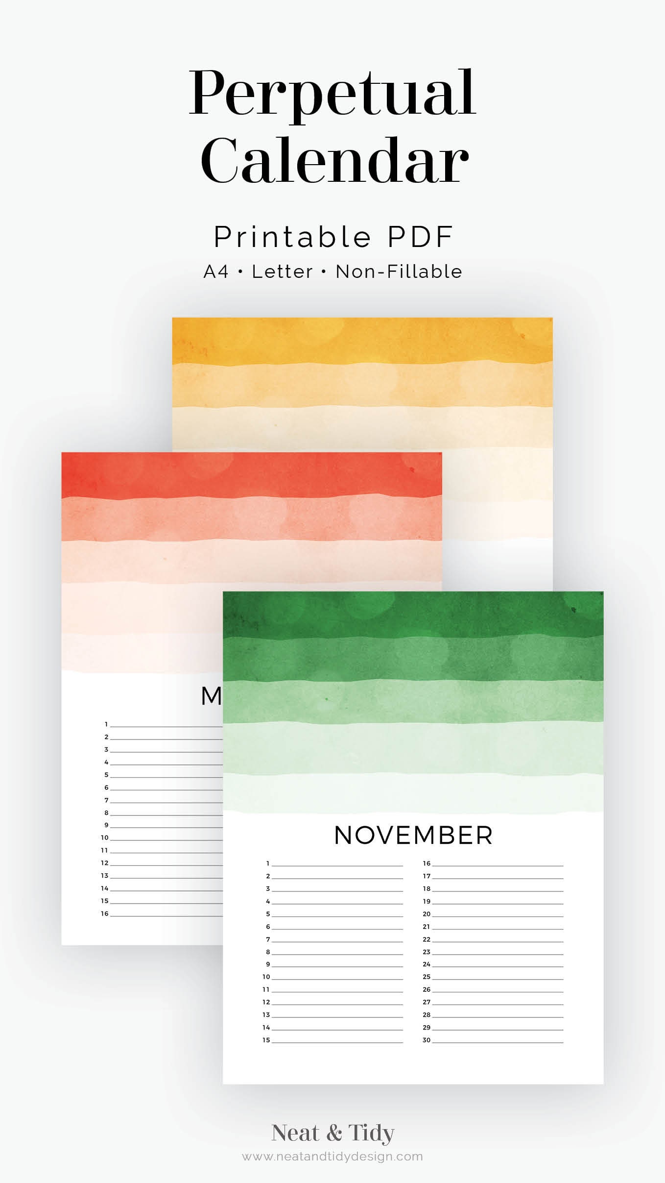 Printable Perpetual Wall Calendar (colourful Gradient) - Printable PDF ...