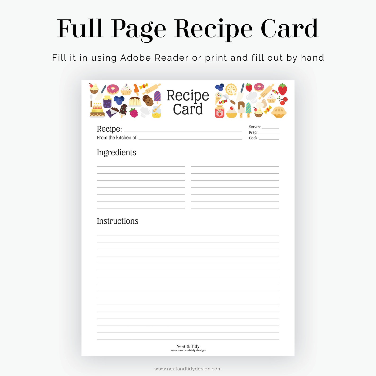 Recipe Card Full Page - 5 Illustrated Headers, Cute Recipe Page ...