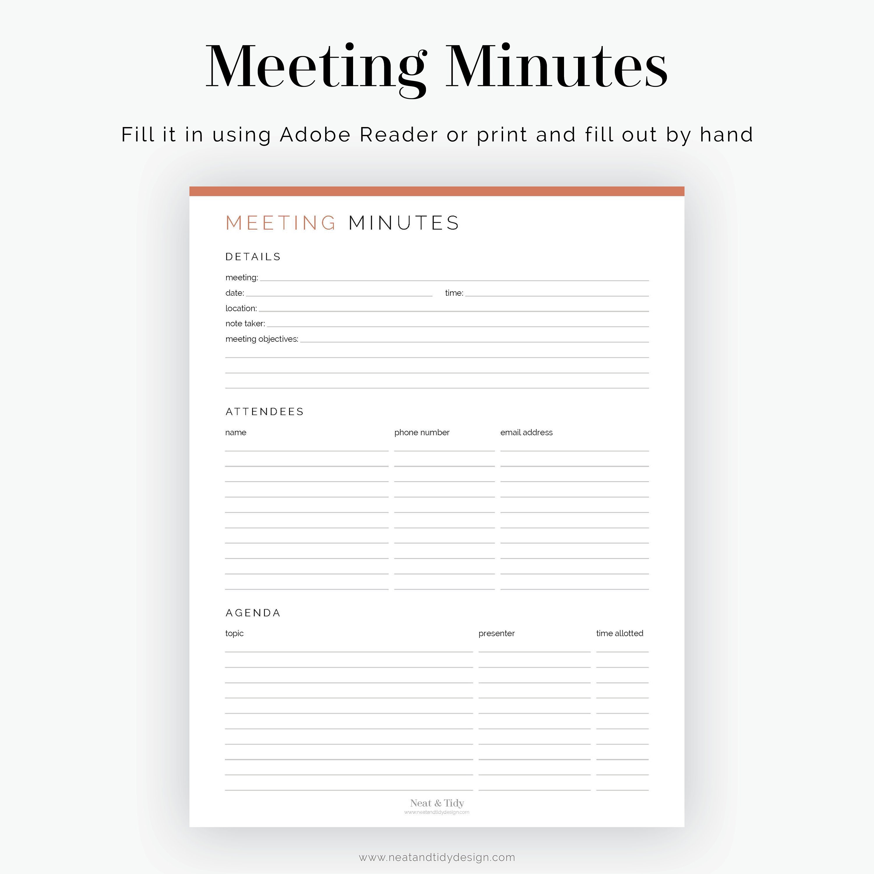Meeting Minutes - Fillable - Business Planner, Meeting Management ...
