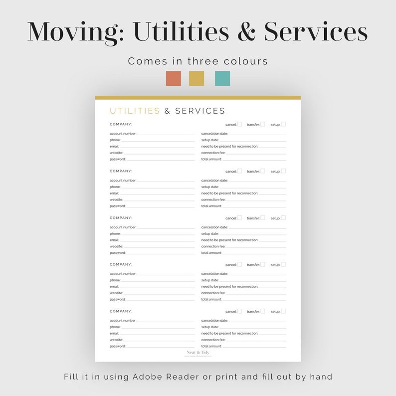 Moving Utilities & Services to Cancel and Set up Fillable | Etsy