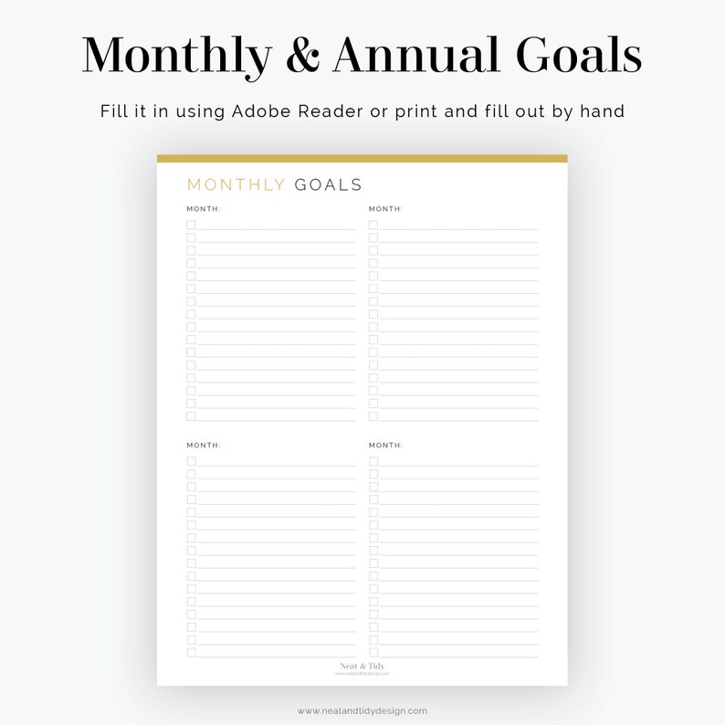 Monthly & Annual Goals Checklists - 2 Layouts - Fillable - Printable ...